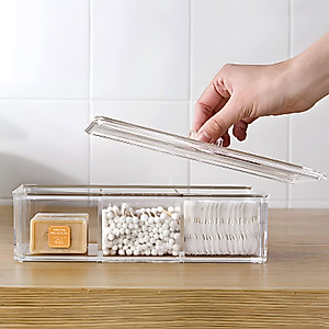 EOFJRUC Qtip Holder Cotton Ball and Swab Dispenser with Lid Clear Acrylic 3 Compartments Bathroom Canisters Cotton Pad Organizer Bathroom Vanity Countertop