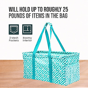 Lucazzi Extra Large Utility Tote Bag - Oversized Collapsible Reusable Wire Frame Rectangular Canvas Basket With Two Exterior Pockets For Beach, Pool, Laundry, Car Trunk, Storage - Geometric Teal