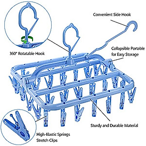 ZENFUN 3 Pack Foldable Laundry Hanger Drying Rack with 32 Clips, Plastic Laundry Clips and Drip Drying Hanger for Socks, Underwears, Towel, Scarf, Side Hanging, Anti-Wind, Blue