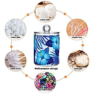 Fustylead 2 Pack Exotic Blue Hibiscus Flowers Qtip Holder Dispensers, Plastic Apothecary Jar Bathroom Accessories Set for Cotton Ball, Swab, Round Pads, Floss