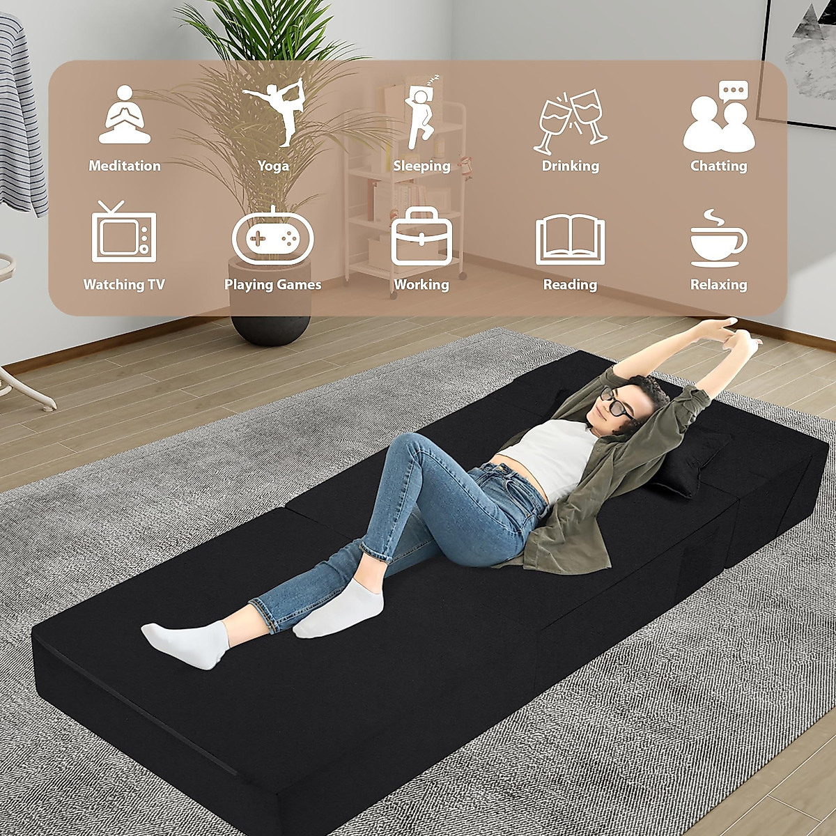 Youtanic 5 in 1 Folding Sofa Bed, Single Size Convertible Sleeper Chair with Pillow, Memory Foam Futon Couch, Velvet Fabric Washable Mattress for Living Room, Dorm, Guest, Office, Apartment, Black