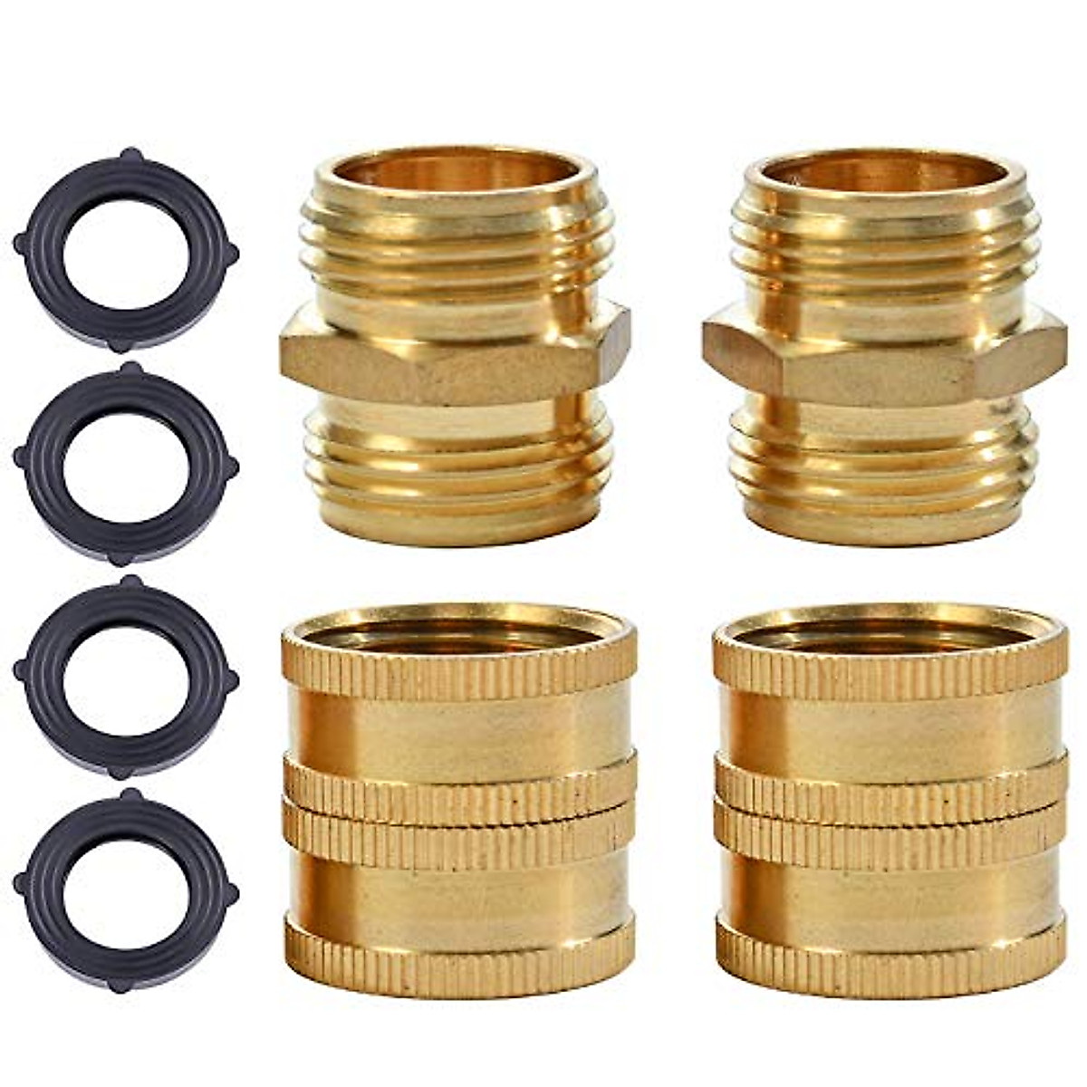 4 Pack 3/4 Inch Brass Garden Hose Connector,Female to Female hose adapter,Male to Male hose adapter,Double Female with Dual Swivel (with 4 Washers)