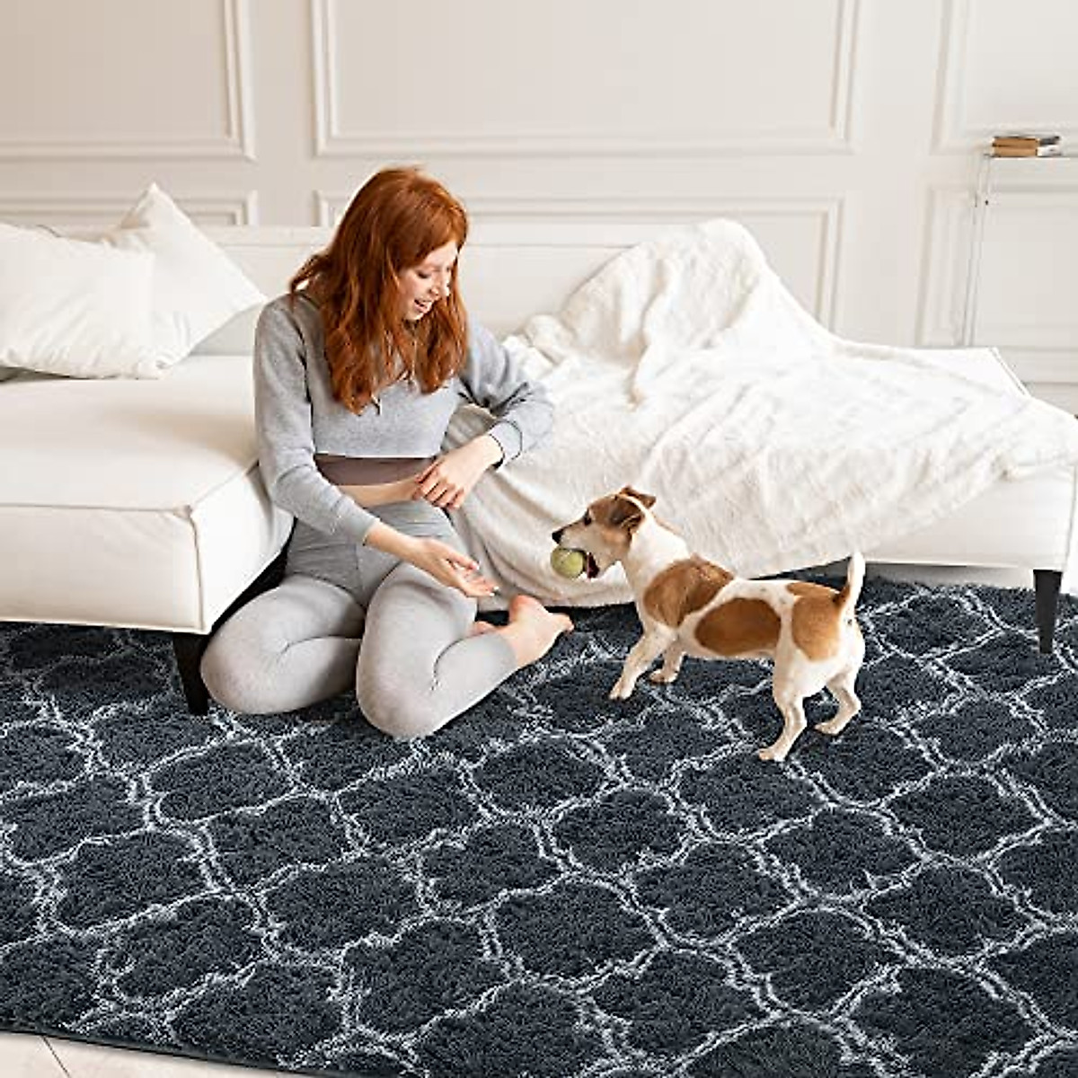 HOMBYS 8x10 Fluffy Area Rug for Living Room Bedroom, Super Soft Geometric Modern Plush Large Play Carpet for Kids, Non-Skid Luxury Fuzzy Décor Shag Feet Mat for Bedside, Grey