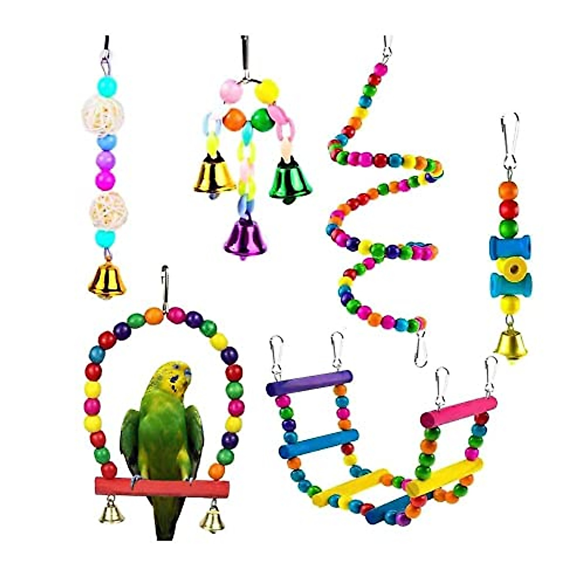 Bird Toys 6Pcs Wooden Hanging Bell with Hammock Climbing Ladders Colorful Pet Bird Swing Toys for Budgerigar, Parakeet, Conure, Cockatiel, Mynah, Love Birds, Finches