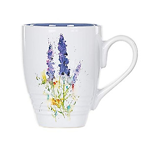 DEMDACO Dean Crouser Lavender Flower Watercolor Blue 16 Ounce Glossy Ceramic Stoneware Floral Mug with Easy Grip Handle