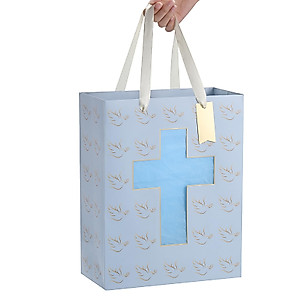 Sawnfay Blue Gift Bag - 10" x 5" x 13", for Baby Boy Baptism, Christening, First Communion, Religious Events, with Cross cut window Design and Tissue Paper