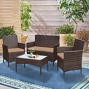 PROHIKER 4 Piece Outdoor Wicker Patio Conversation Furniture Set, Rattan Chair Wicker Sofa Garden Conversation Sets with Cushion and Glass Table for Yard Pool or Backyard, Brown/Khaki