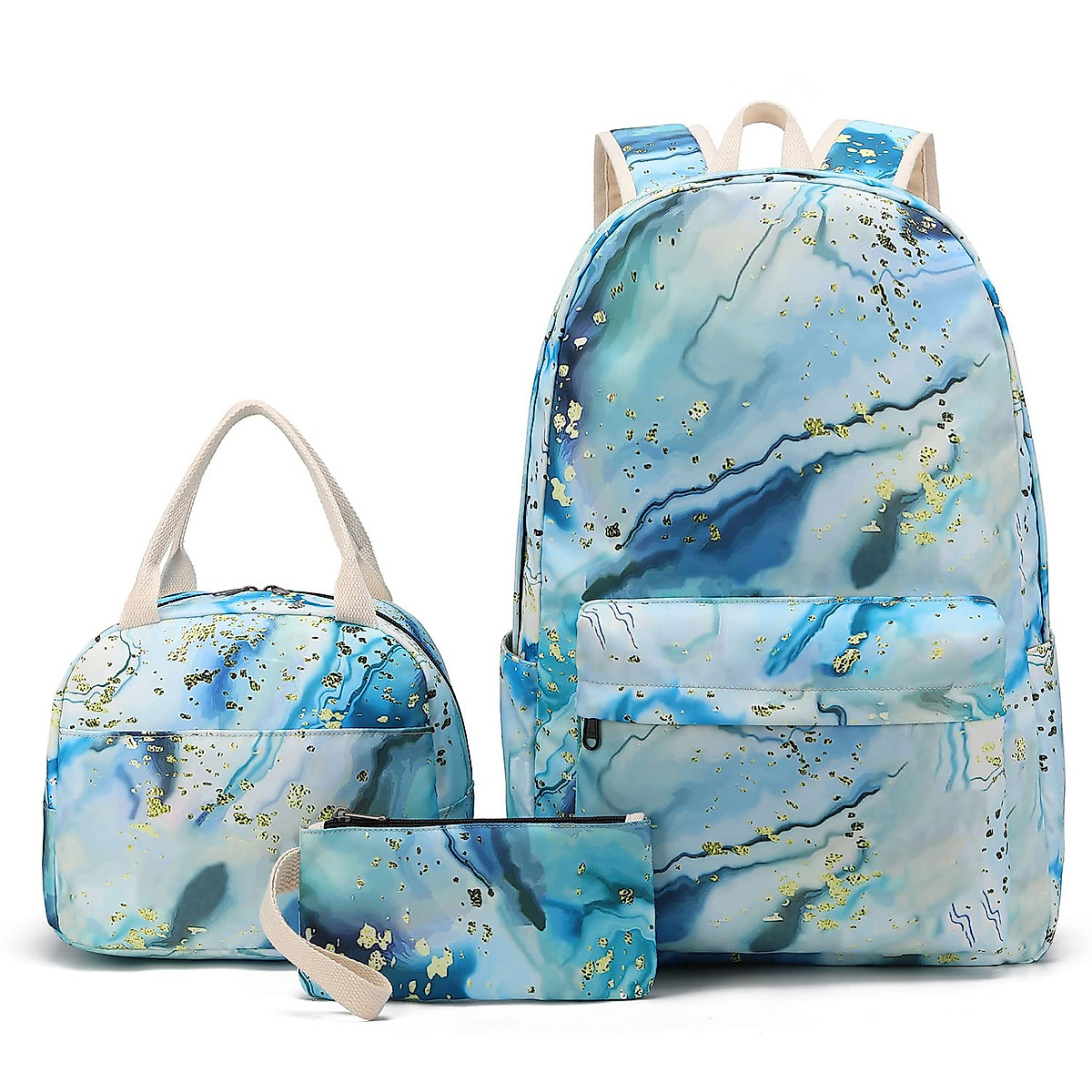 Pawsky Waterproof School Backpack Set Fits 14" Laptop Backpack Daypack College School Bookbag with Lunch Box and Pencil Case (Marble-Blue)