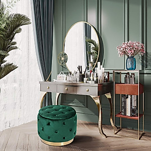 DEERUN Modern Velvet Tufted Button Upholstered Round Storage Ottoman Foot Rest Stool, Vanity Stool, Green