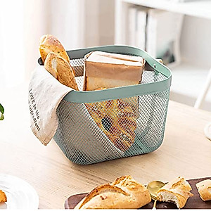 HOJKMA Mesh Steel Storage Organizer Basket, Multi-Functional Metal Wire Hanging Kitchen Baskets Fruit Basket with Bamboo Handle Ideal for Kitchen, Bathroom, Pantry, Cabinet Home, Shopping, Green