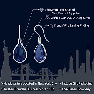 Gem Stone King 925 Sterling Silver Blue Created Sapphire Earrings | 20.40 Cttw Teardrop Dangle Earrings for Women | Pear Shape 16X12MM