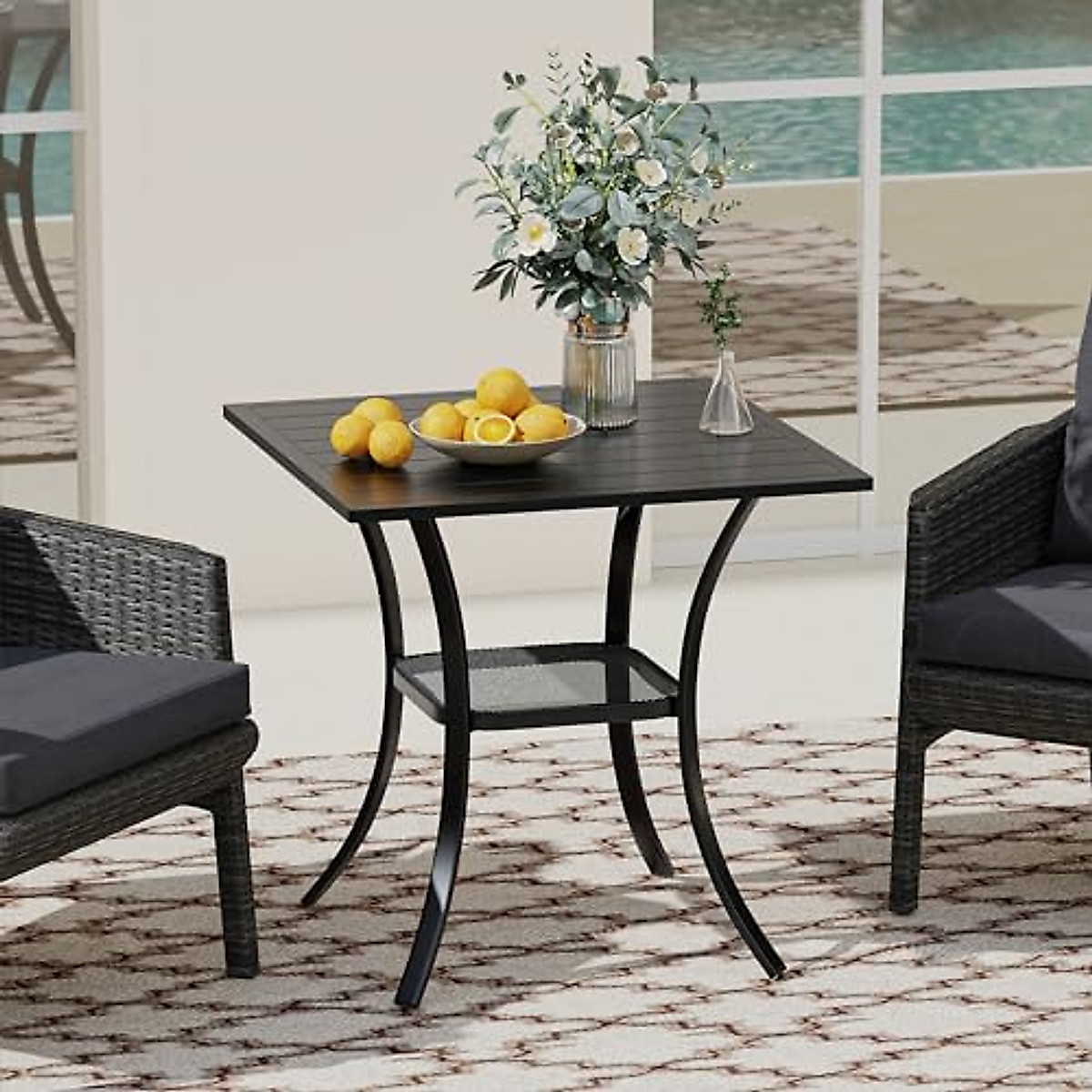 VICLLAX Patio Dining Table Outdoor Metal Square Table with Storage Shelf