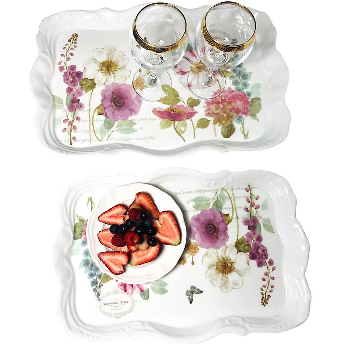 14.7x9.7 Medium Melamine Serving Tray for Eating Melamine Serving Platter Plastic Serving Tray with Handles Floral Resin Breakfast Tray for Veggie Cupcakes Outdoor Medium Serving Tray with Prints