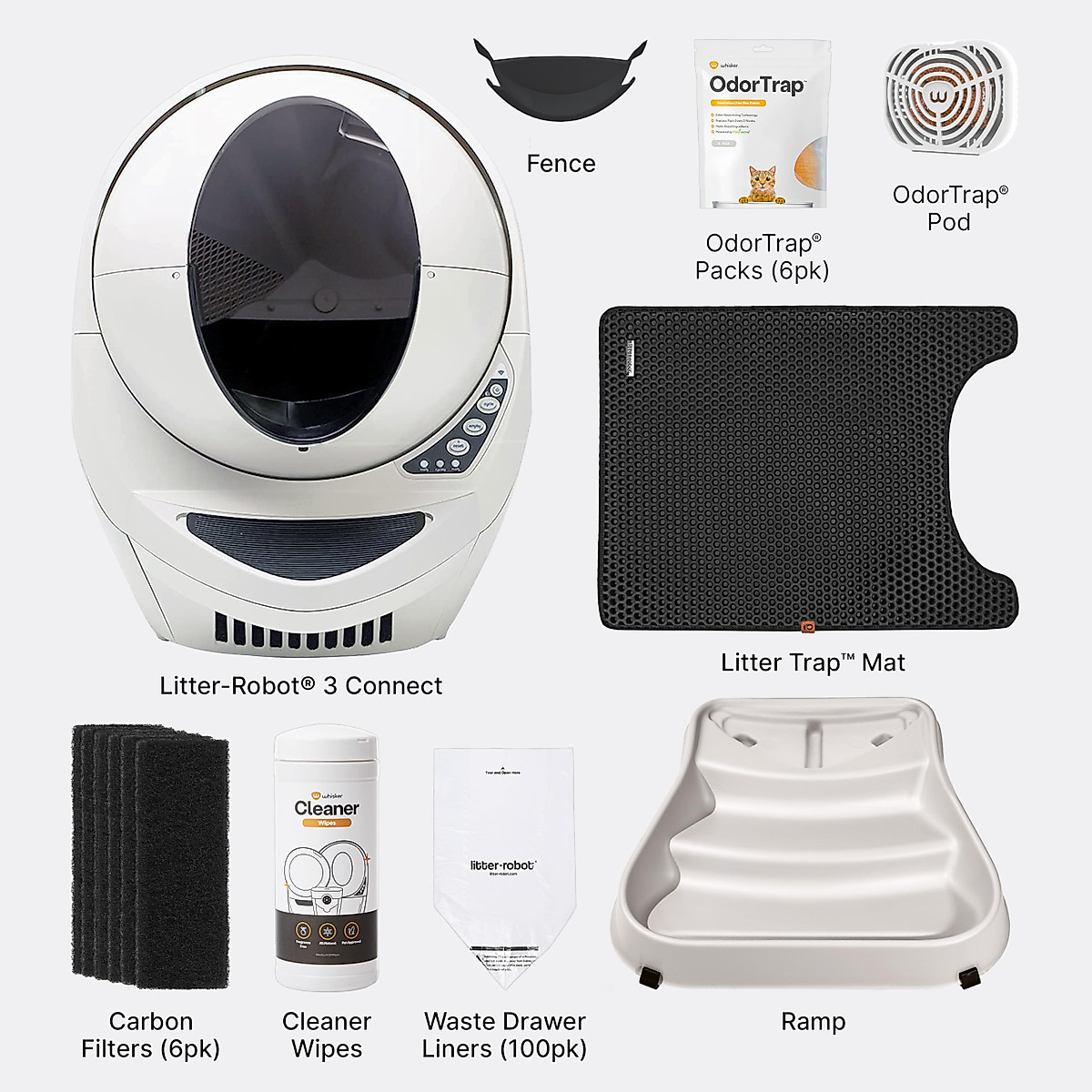 Litter-Robot 3 Pro Bundle by Whisker, Beige - Includes Litter-Robot, LitterTrap Mat, Fence, Ramp, OdorTrap, 6 OdorTrap Refills, 100 Liners, 6 Carbon Filters, Wipes & WhiskerCare 1-Year Warranty