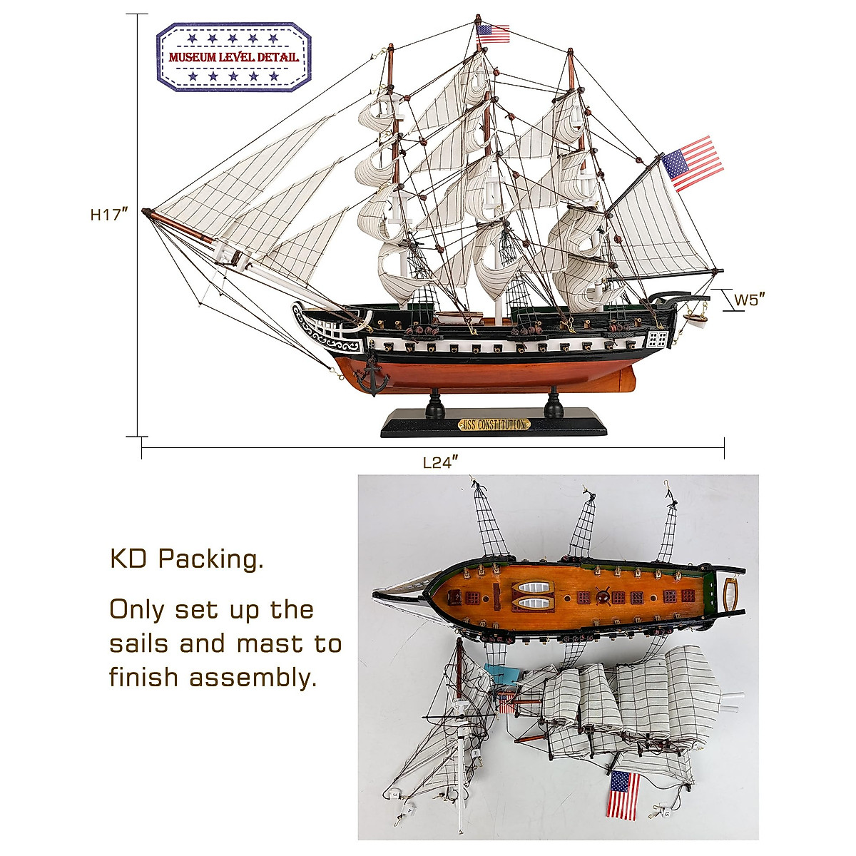 SAILINGSTORY Wooden Ship Model Sailboat Decor USS Constitution 1/150 Scale Replica Frigate Medium