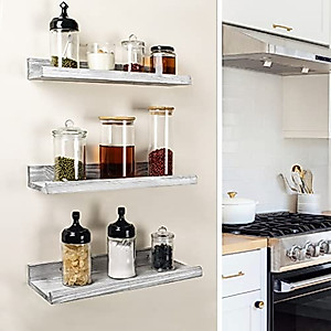 Annecy Floating Shelves Wall Mounted Set of 3, 16 Inch Gray Solid Wood Shelves for Wall, Wall Storage Shelves with Guardrail Design for Bedroom, Bathroom, Kitchen, Office, 3 Different Sizes