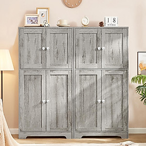 Iwell Storage Cabinet, Bathroom Cabinet with 4 Doors & 2 Adjustable Shelves, 6 Adjustable Heights, Cupboard for Living Room, Entryway, Home Office, Grey