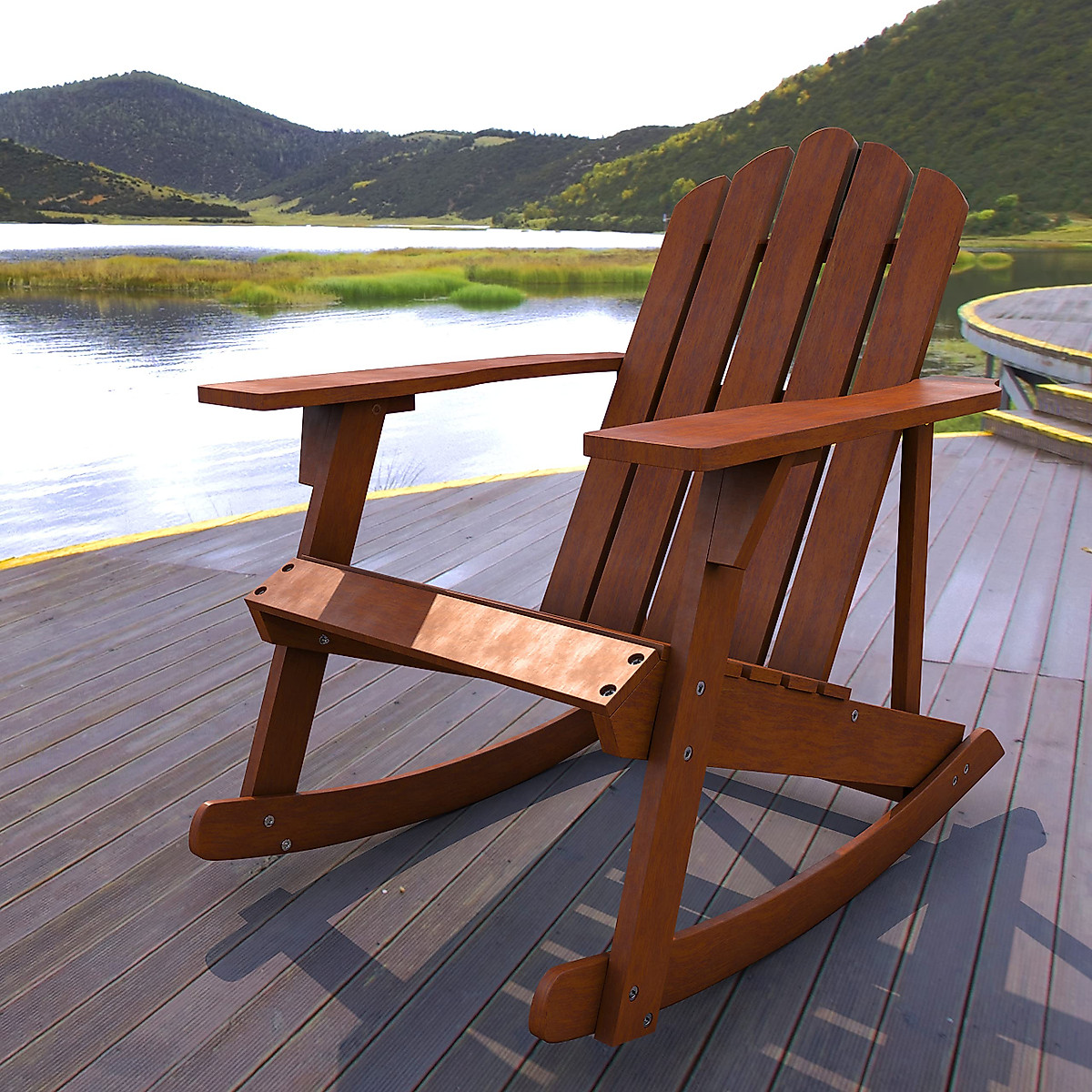 JONATHAN Y PAT1000C Kiawah Outdoor Patio Classic Acacia Wood Adirondack Rocking Chair for Garden, Lawn, Backyard, Pool, Deck, Beach, Firepit, Dark Brown