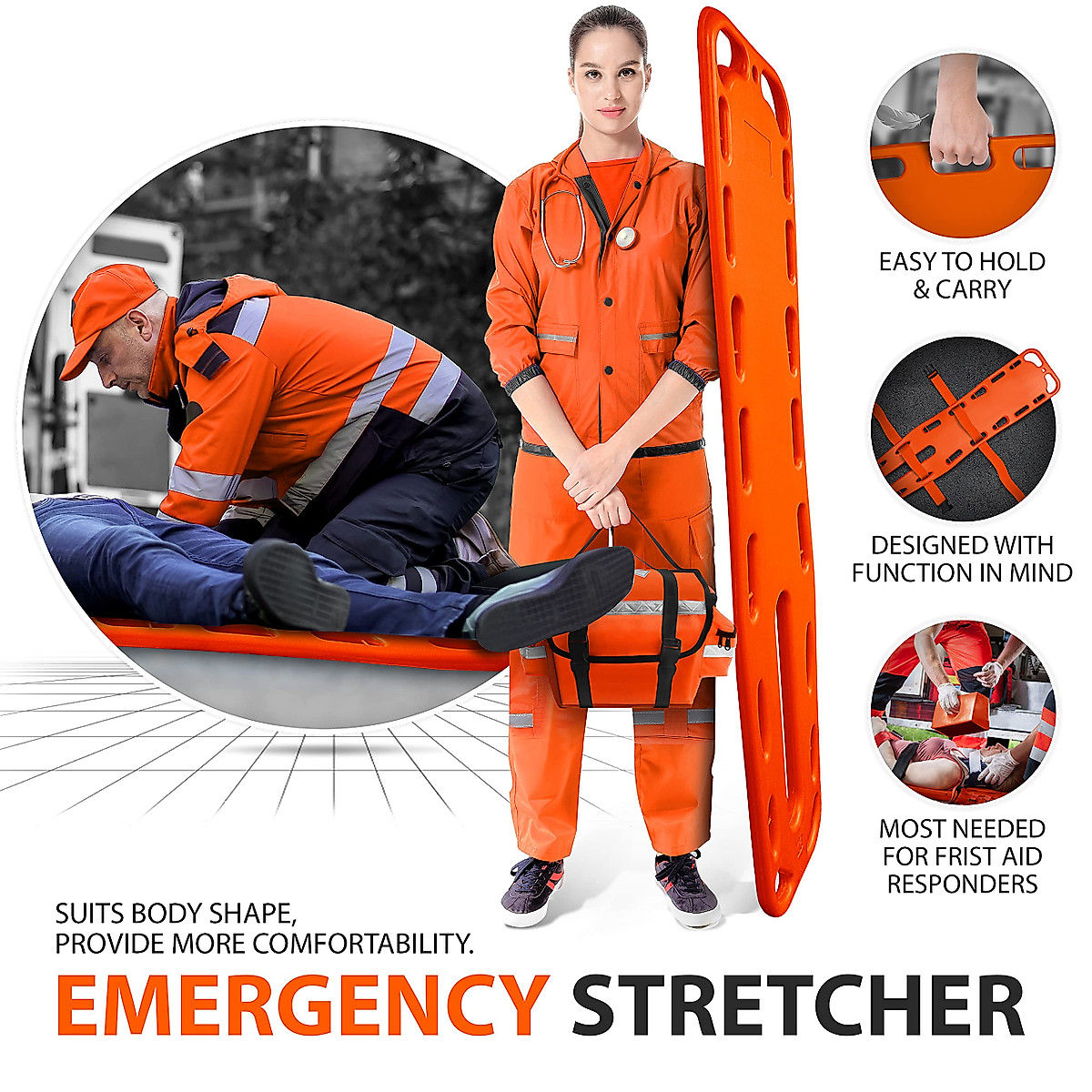 SURGICAL ONLINE First Responder EMT Backboard Spine Board Stretcher Immobilization with Head Bed and Spider Straps - Gift EMT Trauma Bag … (Orange)