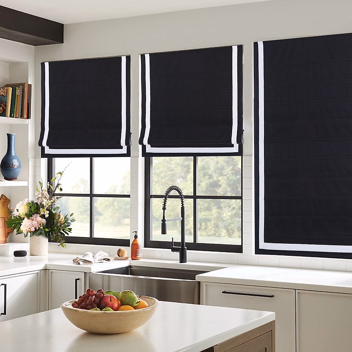 Cordless Blackout Roman Shades for Windows, Black Roman Blind with White Trim, Custom Fabric Roman Window Blinds for French Doors, Kitchen Windows
