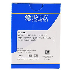 TSI (Triple Sugar Iron) Agar Slant, for the Identification of Enteric Bacteria, 4ml Fill, 13x100mm Tube, Order by the Package of 20, by Hardy Diagnostics