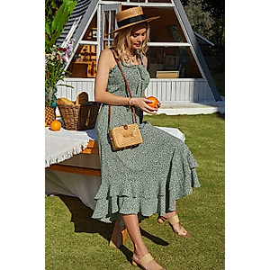 Women's Summer Floral Chiffon Bohemian Long Dress Elegant Square Neck Tie Front Ruffle Aline Maxi Dress Green L