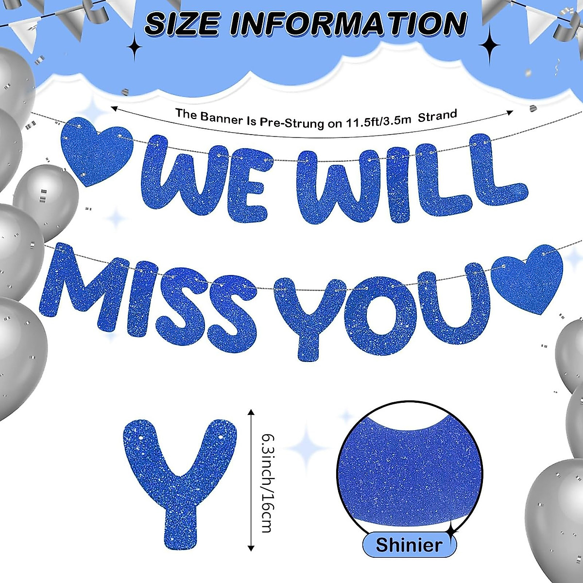 Fulmoon Pre Strung We Will Miss You Banner Glitter Bunting Graduation Retirement Party Decorations 8.2 ft Goodbye Decorations for Going Away Farewell Army Decorations Party Supplie(Navy Blue)