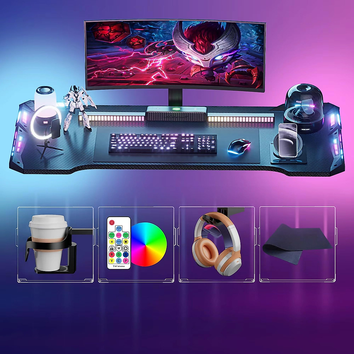 Gamtimer Gaming Desk with LED Lights,55 inch Carbon Fiber Surface RGB Gaming Computer Table, 384 Color Mode with Remote Control, Cup Holder and Headphone Hook - Black