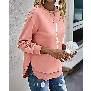 Mansy Womens Cross Letter Printed Crewneck Sweatshirts Casual Funny Graphic Side Split Pullover Shirts Tops (Pink, XX-Large)