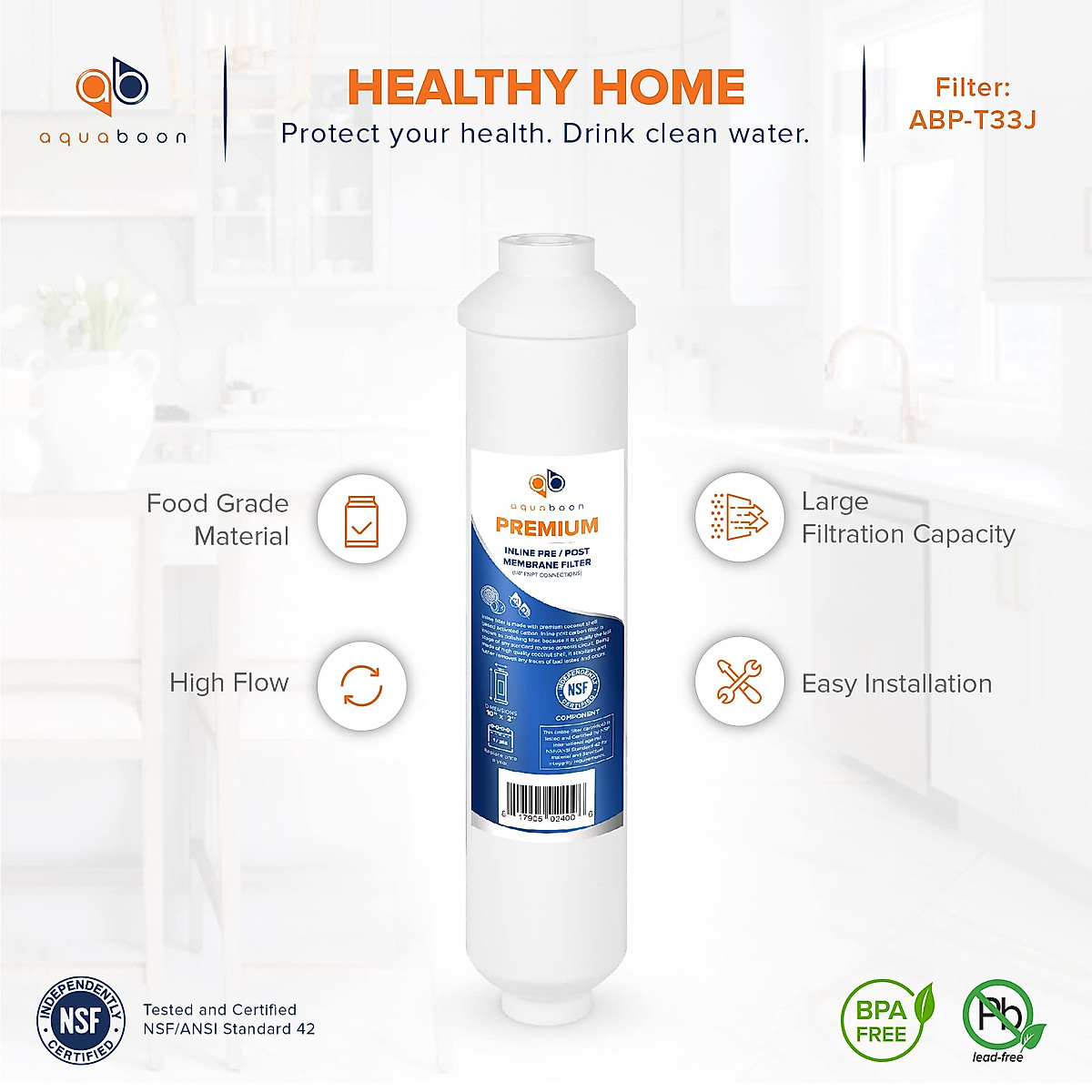 Aquaboon Inline Water Filter for Refrigerator - T33 Post Activated Carbon Water Filter with Jaco 1/4 water line fittings - Ice Maker Filter - RO Water Filter Replacement Compatible with ICF-10, 2-Pack