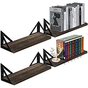 Floating Wall Shelves, Wall Mounted Shelves Wood Rustic Bookshelves Hanging Decorative Wall Shelves for Living Room, Bathroom, Kitchen, Office, Small Modern and Heavy Duty with 8 Free Hooks(Set of 4)