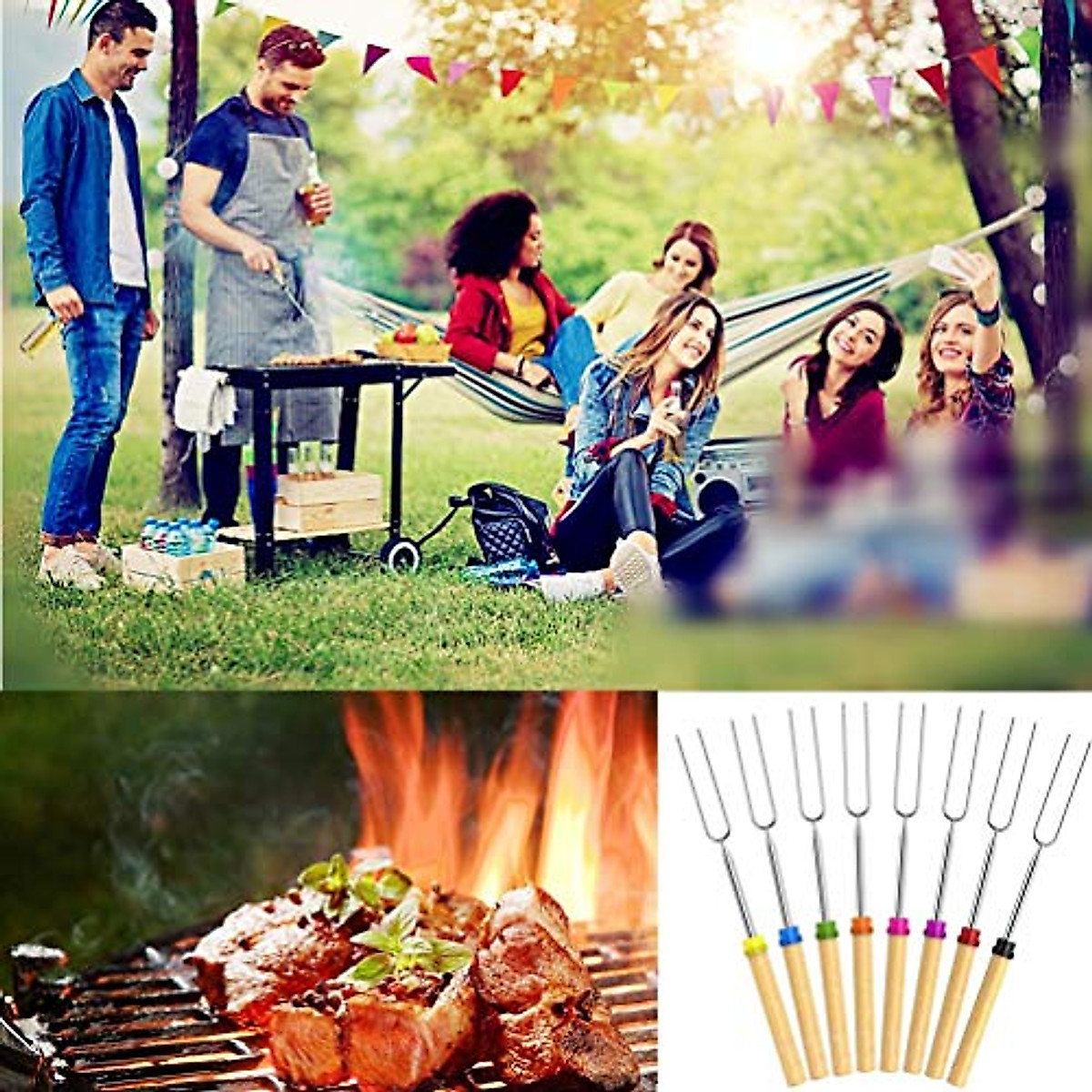 Suelasi Marshmallow Roasting Sticks 8 Pack Extendable 32 Inch Telescoping Marshmallow Skewers & Hot Dog Forks with Wooden Handle Storage Bag for Campfire BBQ Backyard Fire Pit