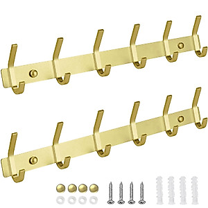 TICONN Wall Mounted Coat Rack - 6 Heavy Duty Dual Hooks All Metal Contemporary Coat Hanger for Jacket Coat Hat for Mudroom Entryway Bathroom (Gold, 2PK)