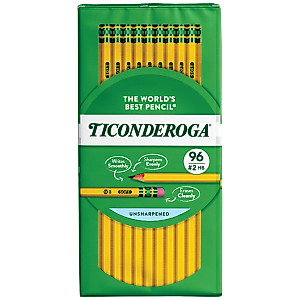 Ticonderoga Wood-Cased Pencils, Unsharpened, #2 HB Soft, Yellow, 96 Count