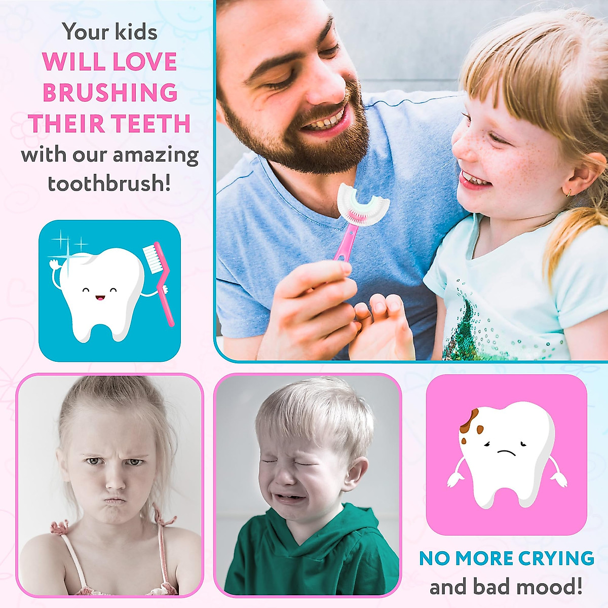 PUREVACY Kids U Shaped Toothbrush for 2-8 Years Old, 4 Pack Blue Food-Grade Silicon All Around U Shape Toothbrush, Funny Full Mouth Toothbrush for Kids with Soft Bristles and Ergonomic Handle