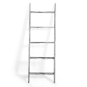 Afaris Gray Washed Wood Decorative Ladder Shelf, 4.5 Foot Wall Leaning Wooden Towel Blanket Ladder Storage Rack for Bathroom or Living Room