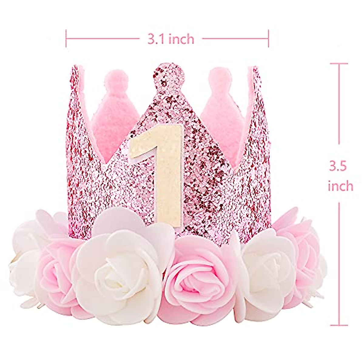 Kbrand Hat First Birthday 1st For Baby Girl Decoration Gifts Rose Gold Baby Pink Party Crown One Year Old Flowers Princess Pink 3inch