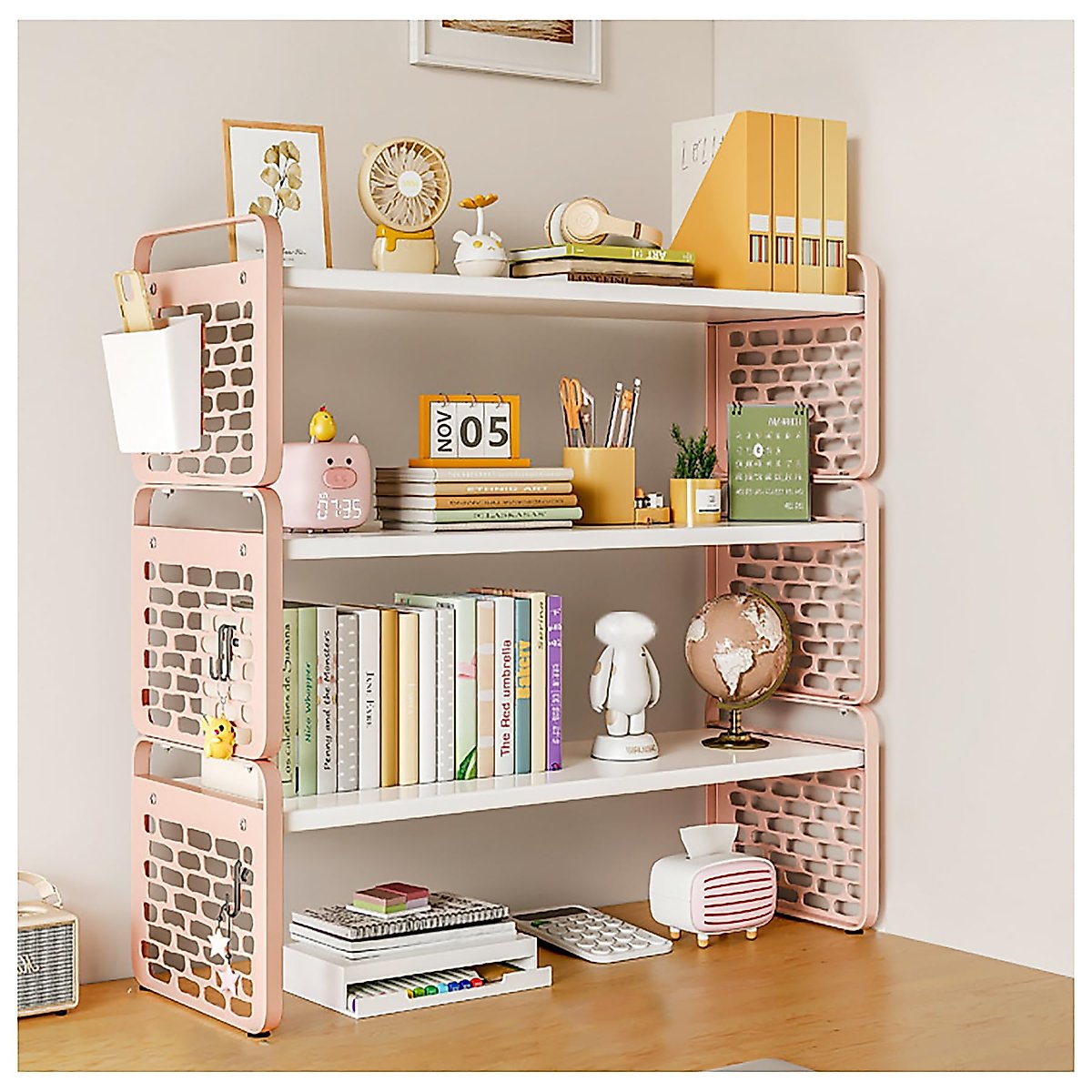 Atkits 3 Tier Desk Hutch Desktop Bookshelf Organizer Desk Hutch Top Only Computer Desktop Bookcase Countertop Storage Hutch Display Rack Table Top Shelves for Desk,Pink,3 Tier