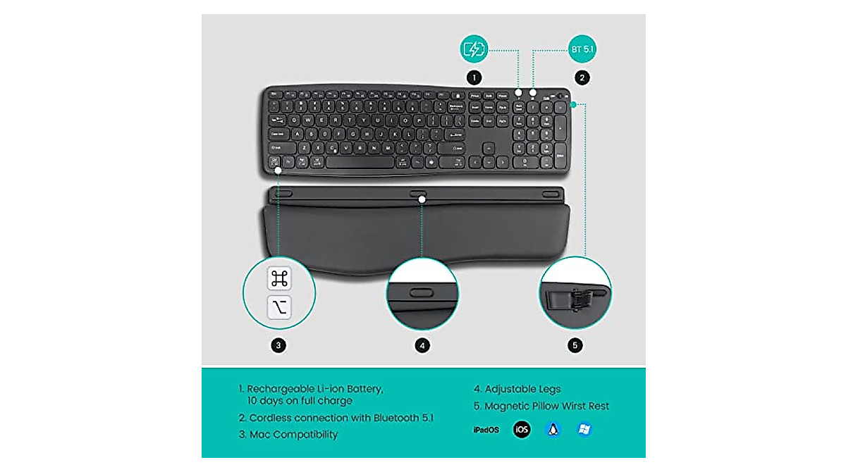 Perixx PERIBOARD-813B Ergonomic Bluetooth Keyboard | Rechargeable USB-C