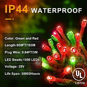 KNONEW 600ft 1500 LED String Lights Outdoor Christmas Lights 8 Modes & Timer Fairy Light Plug in Waterproof LED String Lights for Xmas Yard Tree Wedding Party Holiday Decorations (Red and Green)