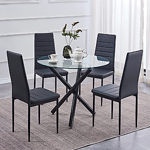 ROZHOME Dining Table Set for 4, 35" Round Glass Table and Faux Leather Metal Chair for Home Office, Kitchen, Dining Room, Apartment, Space Saving (Matte Black+black, Table & 4 Chairs)