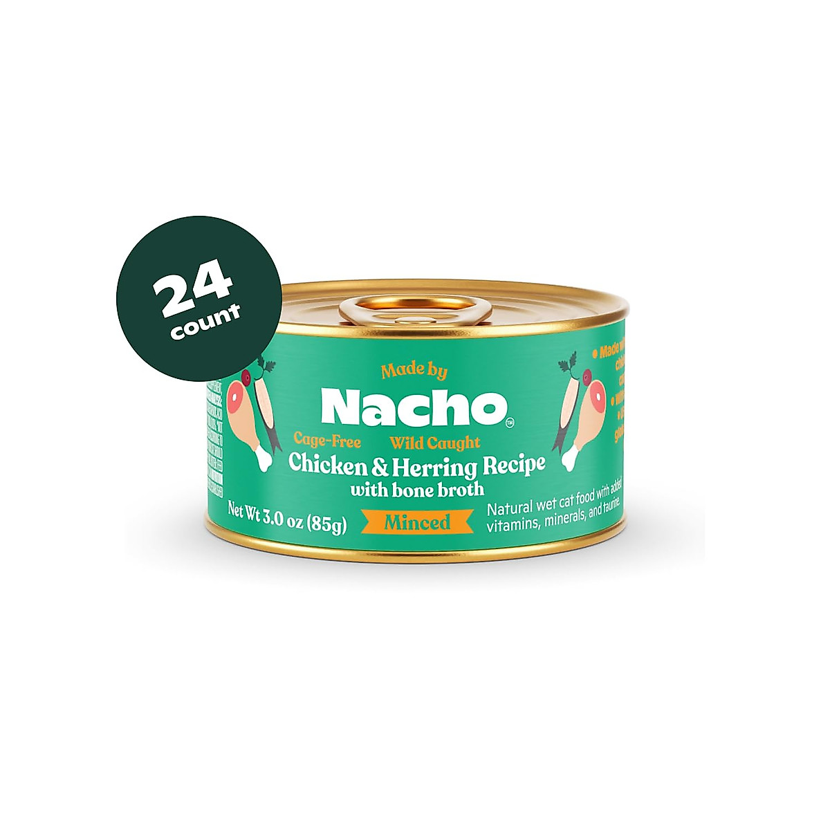 Made by Nacho Premium Minced Wet Cat Food with Hydrating Bone Broth 3.0oz (24 Packs) (Cage-Free Chicken and Wild-Caught Herring)