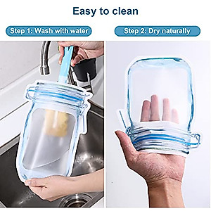 ASTER 20pcs Reusable Mason Jar Ziplock Bags Storage for Food Snack Sandwich, Airtight Seal Leak Proof Food Bag, Resealable Zipper Bottles Shaped Baggies for Kitchen Travel Camping and Kids