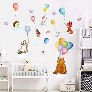 wondever Balloon Flying Animals Wall Stickers Bear Raccoon Fox Cloud Peel and Stick Wall Art Decals for Baby Nursery Kids Bedroom