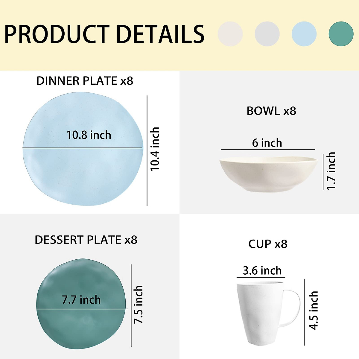 Supernal 32pcs Wheat Straw Dinnerware Sets,Dinnerware Sets for 8,Reusable Tableware Set,Irregular Plastic Plates, Microwave Dishwasher Safe,Unbreakable Dinnerware,16 Plates, 8 Bowls, 8 Cups