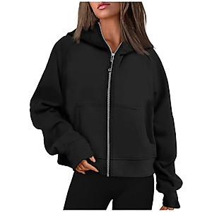 Women's Hoodies Zip Up Women's Fashion Hoodies & Sweatshirts Casual Long Sleeve y2k Clothes Full Zip Up Cropped Hoodie Jacket With Pockets Black S
