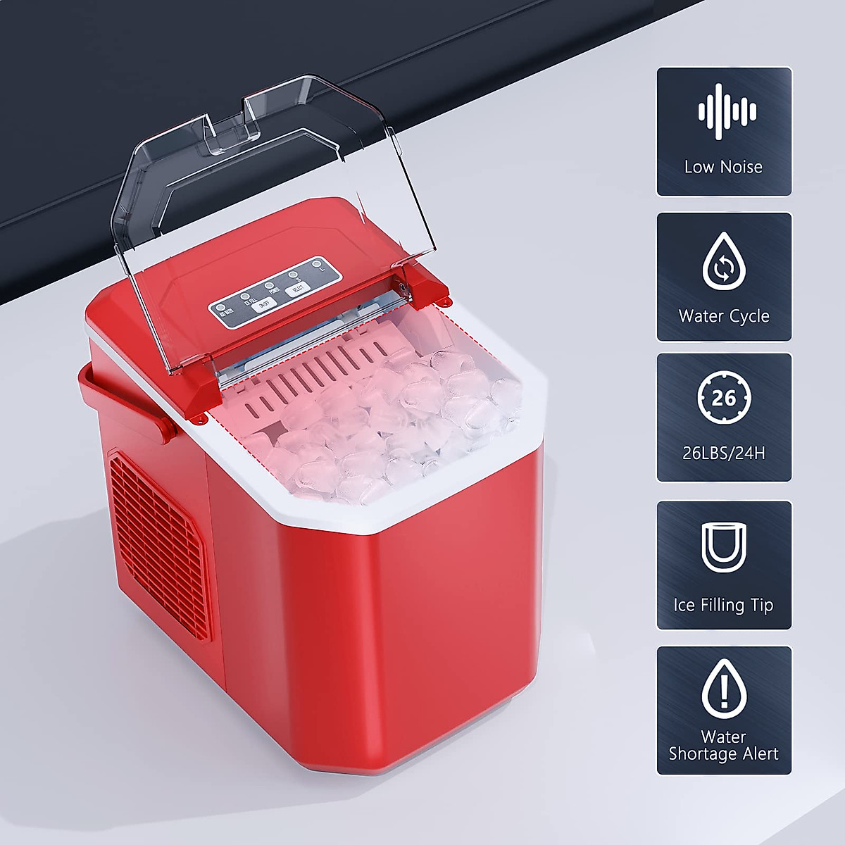Antarctic Star Countertop Ice Maker Portable Ice Machine with Handle,Self-Cleaning Ice Makers, 26Lbs/24H, 9 Ice Cubes Ready in 6 Mins, S/L ice, for Home Kitchen Bar Party (Red)