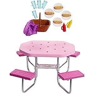 Barbie Outdoor Furniture, Pink Picnic Table with Adjustable Seats and Hot Dog Picnic for 4