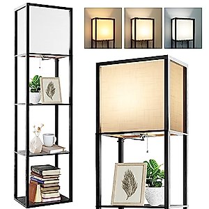 AVV Wide Floor Lamp with Shelves, 4-Tier Modern Shelf Floor Lamp 15W LED Bulb with 2700 4000K 5000K Color Selectable, Display Lamp for Living Room, Bedroom, and Office, Black