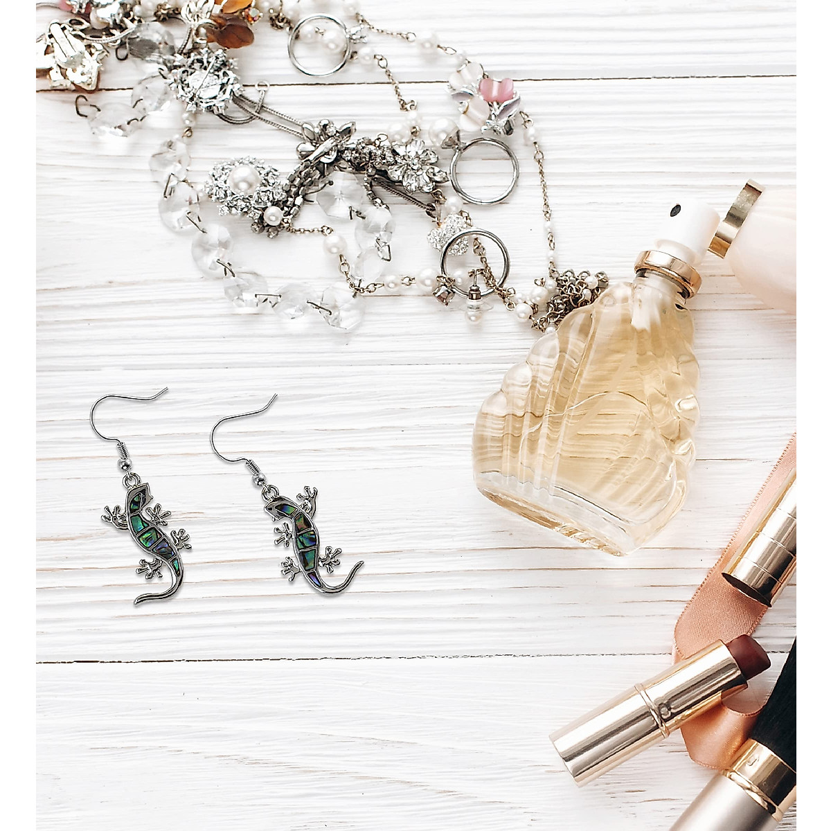 Aqua79 Gecko Earrings Jewelry - Authentic Dangle Hook Earrings Made with Natural Paua Abalone Shell - Unique Colorful Jewel For Women & Teens For Daily, Casual & Formal Occasions